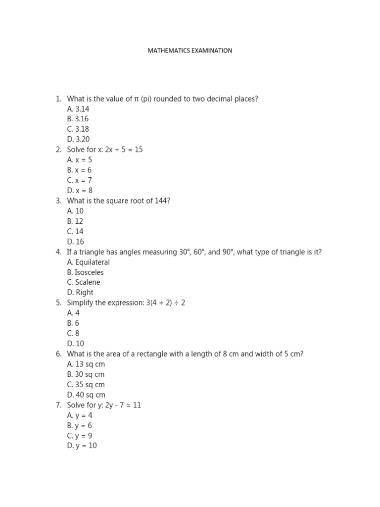 Mathematics Examination | PDF