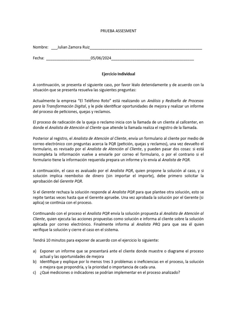 Prueba Assesment - Enfoque Procesos Log | PDF | Servicio al Cliente ...