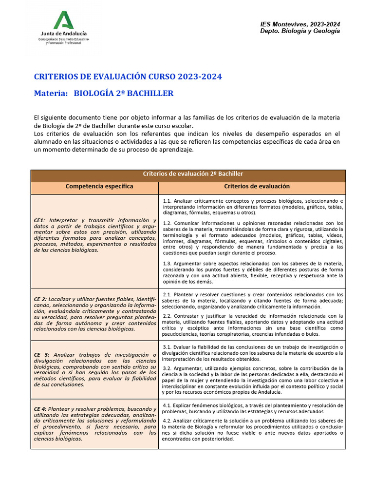 Criterios Evaluación Biología 2º Bachiller | PDF | Evaluación | Vida