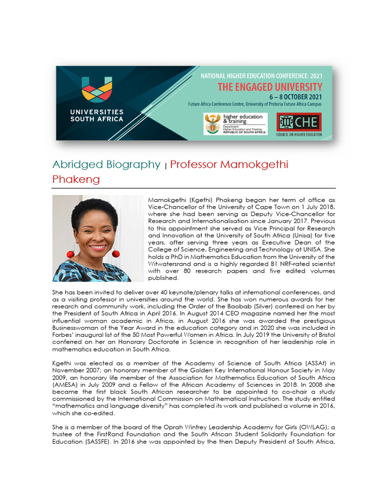 Biography of Professor Mamokgethi Phakeng | PDF | Science | Academia