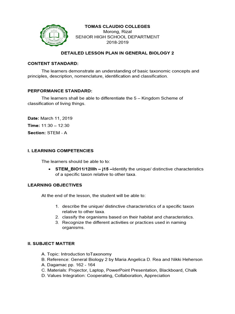 Classification Lesson plan | PDF | Cell (Biology) | Eukaryotes