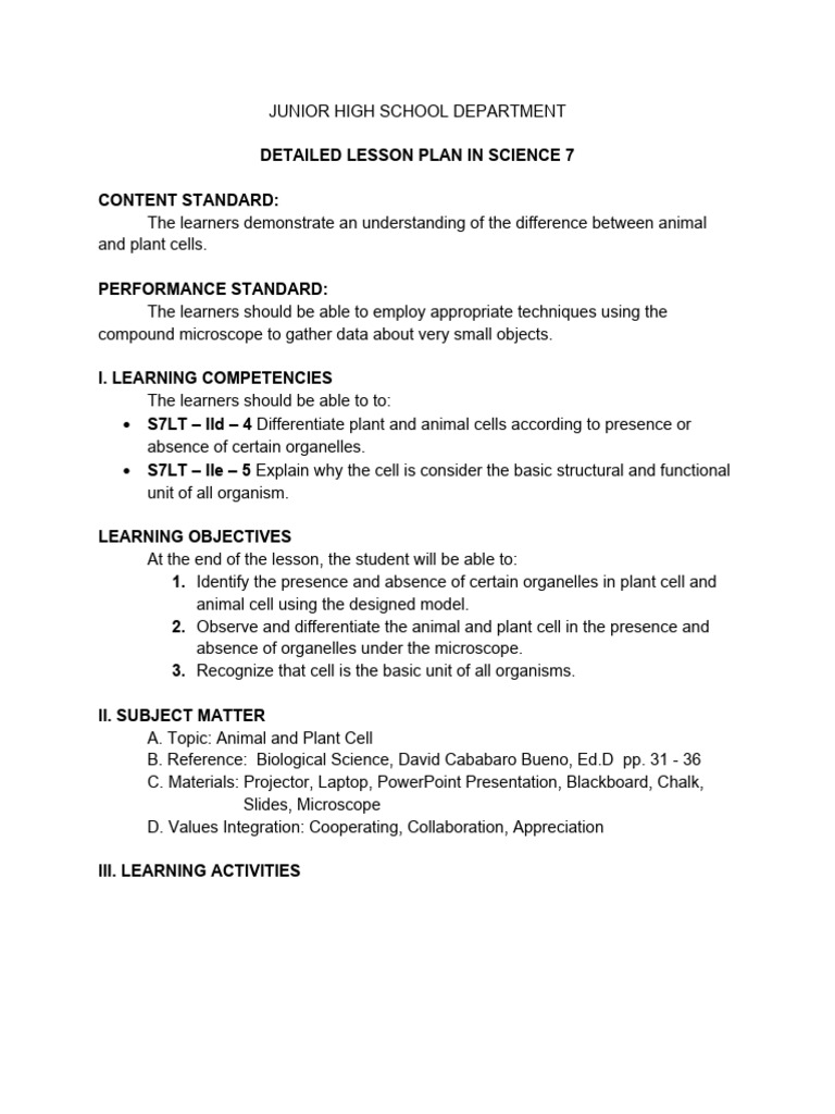 Cell Lesson Plan | PDF | Cell (Biology) | Endoplasmic Reticulum