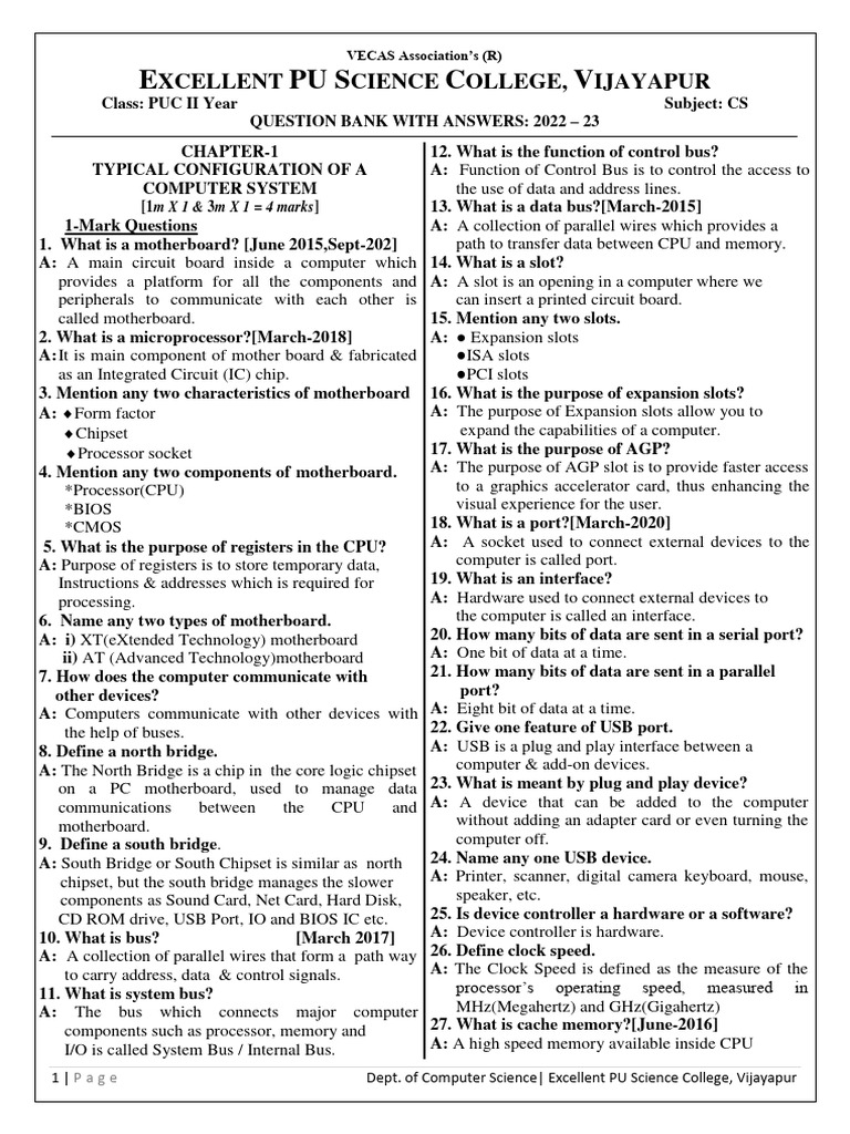 CS - PUC-II - All Chapter'S - Question Bank Final | PDF | Random Access Memory | Dynamic Random ...