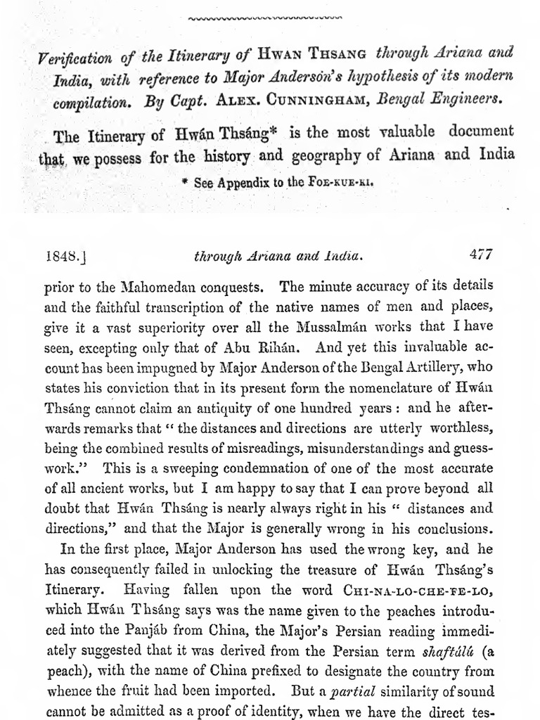 Hiuen Thsang's Itinerary Through Ariana and India AC JABgl 1848 | PDF