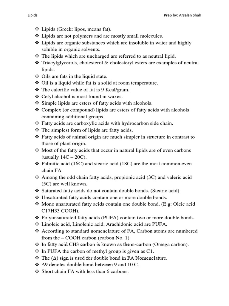 Lipid Imp Points | PDF | Fatty Acid | Lipid