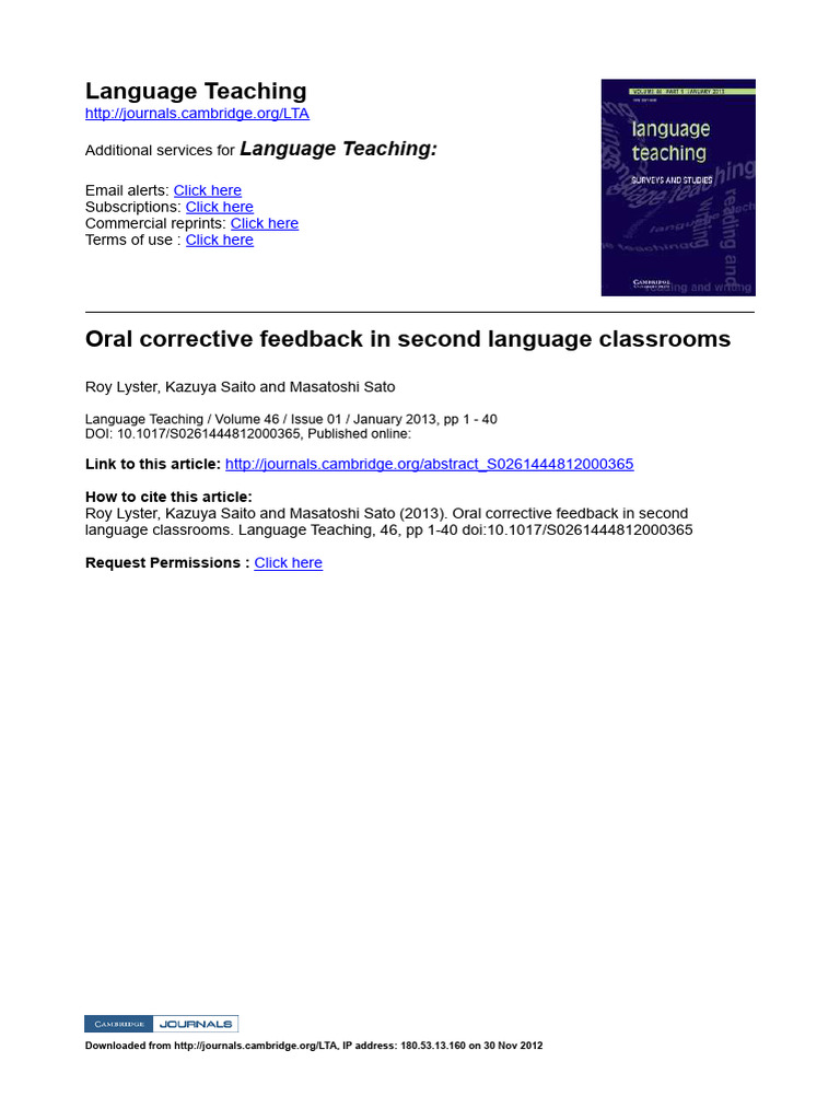 Oral Corrective Feedback in Second Langu | PDF | Second Language | Learning