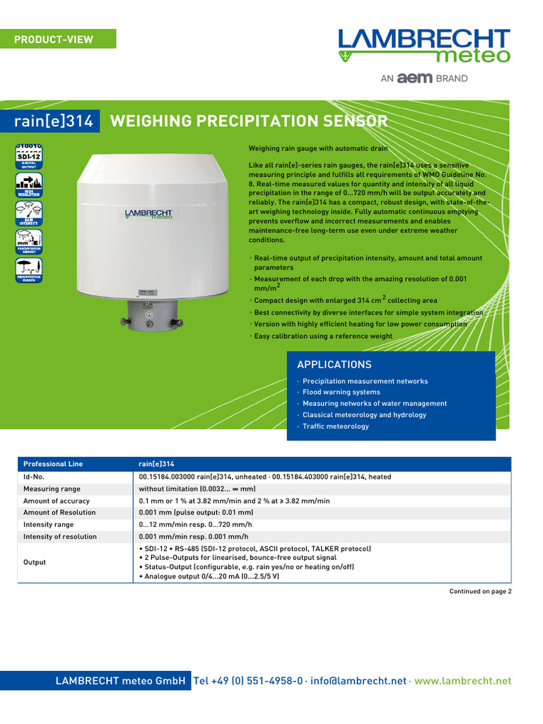Rain (E) 314 - Weighing Precipitation Sensor - Datasheet | PDF | Rain ...