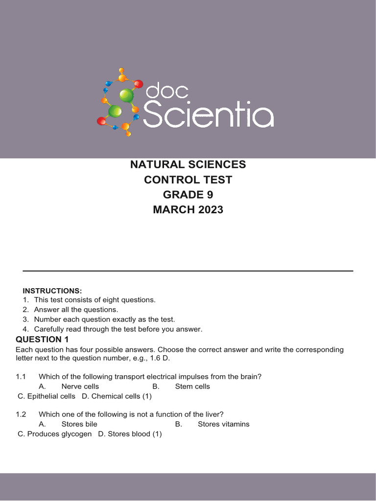 Grade 9 Natural Science March Test 2023 | PDF | Lung | Respiratory System