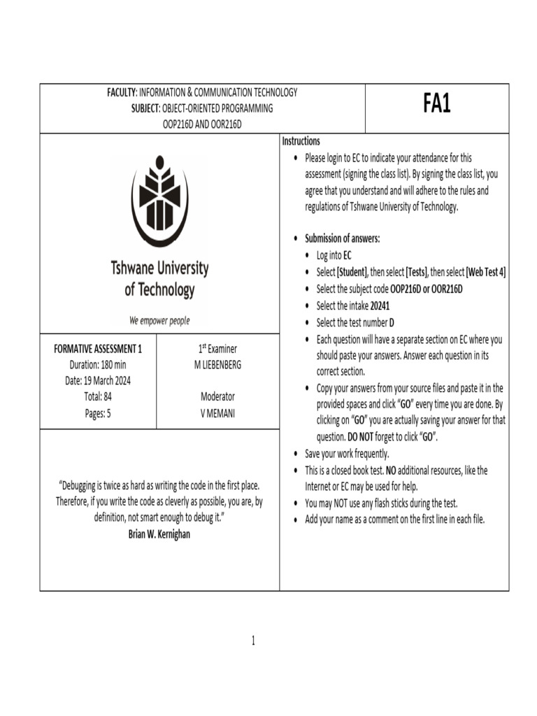 Oop216d - Oor216d Fa1 2024S1 Final | PDF | Method (Computer Programming) | Parameter (Computer ...
