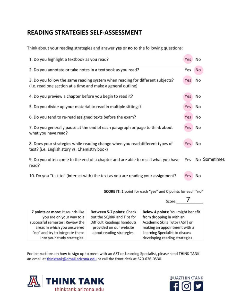 Reading Strategies Self Assessment | PDF