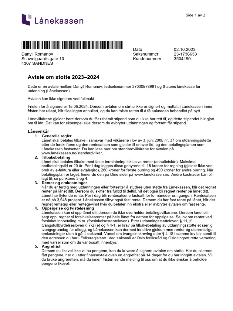 Avtale Om Støtte | PDF