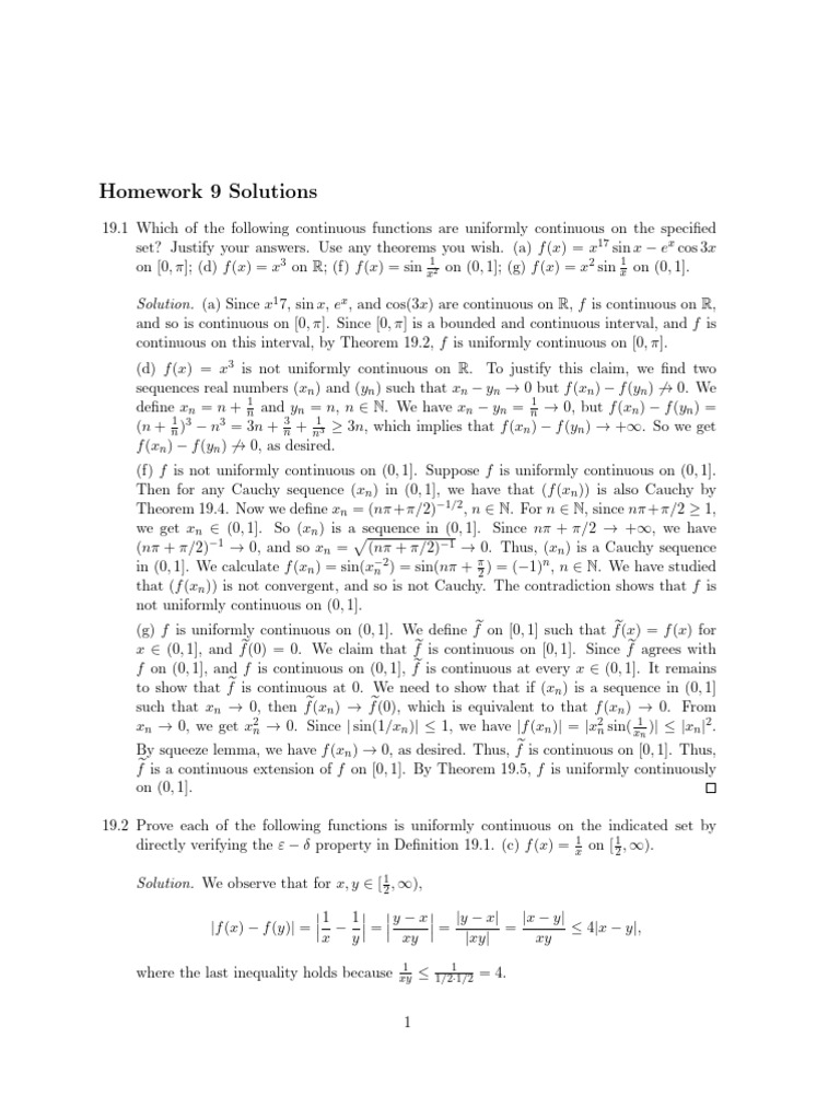 Uniform Continuity Homework Solutions | PDF | Continuous Function ...