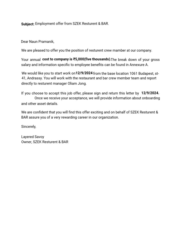 Standard Job Offer Letter Template | PDF | Salary | Employment