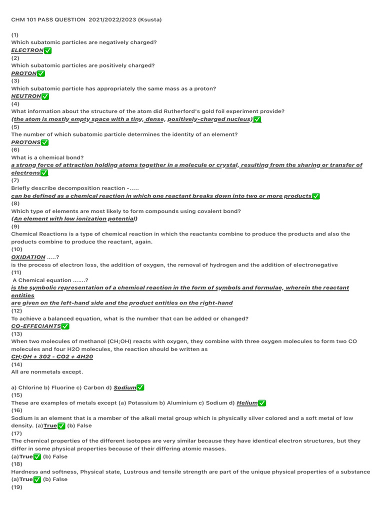 CHM 101 PASS QUESTION 2021/2022/2023 (Ksusta) | PDF | Chemical ...