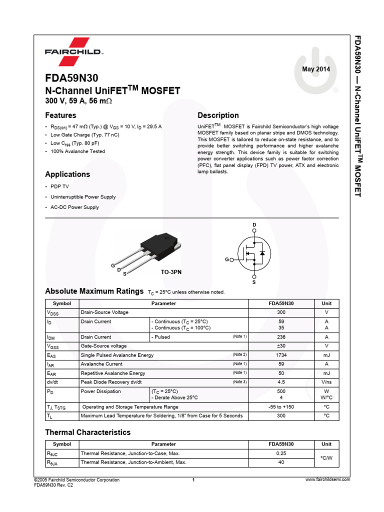Fda59N30: N-Channel Unifet Mosfet | PDF | Field Effect Transistor | Mosfet