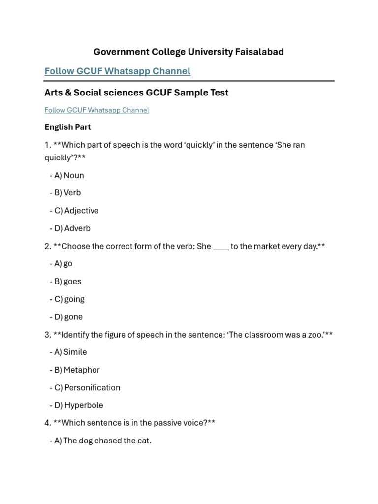 Arts & Social Sciences GCUF Sample Test | PDF | Pakistan | Surah
