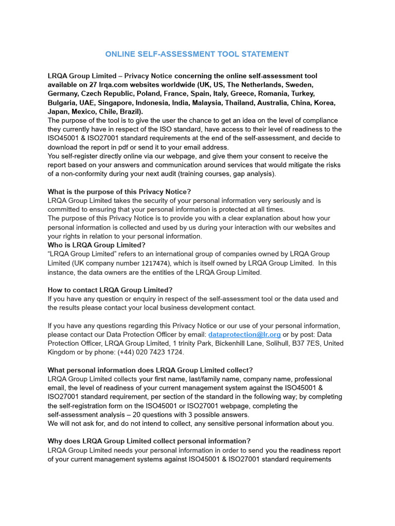 Lrqa Privacy Notice Self Assessment Tool en | PDF | Information Privacy | Privacy