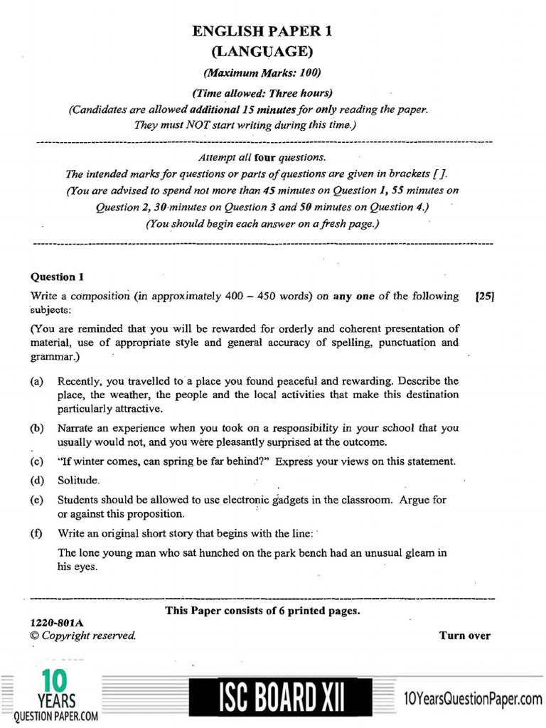 ISC 2020 English Paper 1 Question Paper | PDF