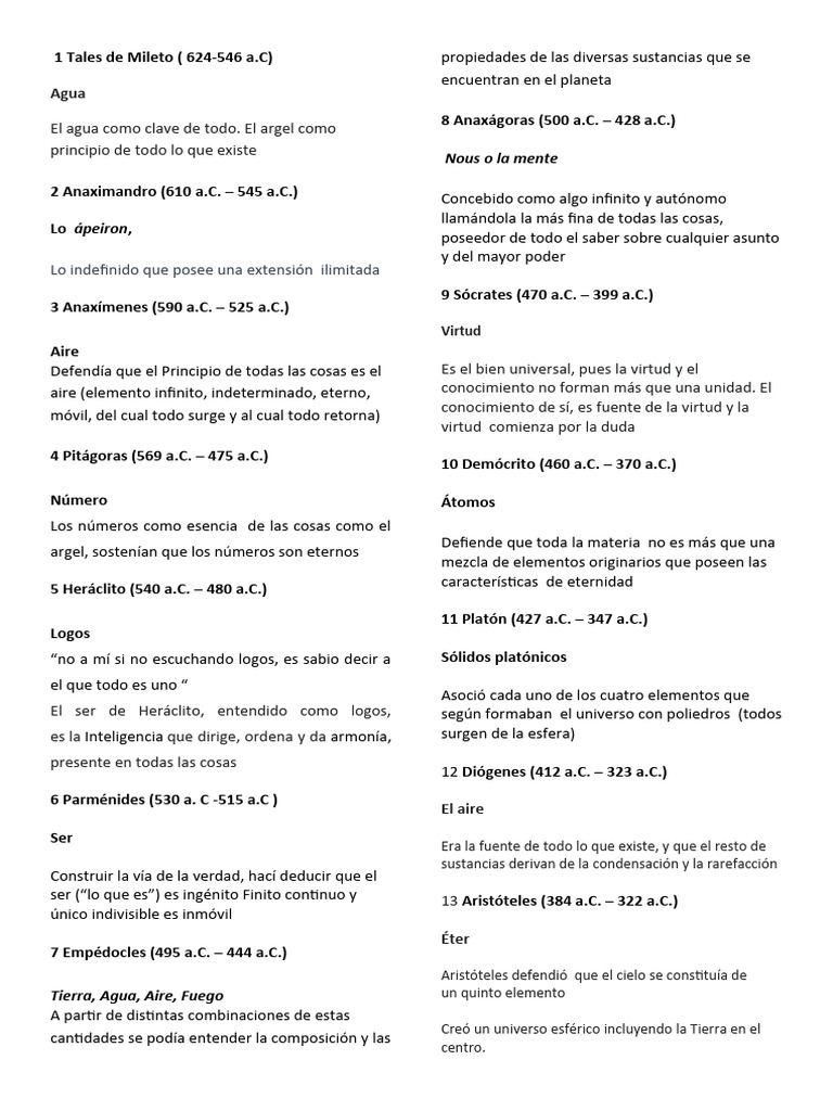 Filósofos griegos y sus arjés fundamentales | PDF | Filosofía griega ...
