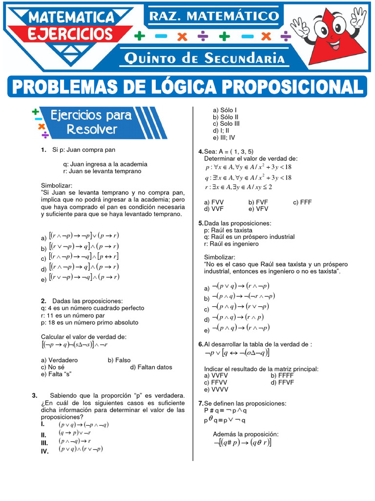 Problemas de Logica Proposicional para Quinto Grado de Secundaria | PDF | Proposición | Verdad