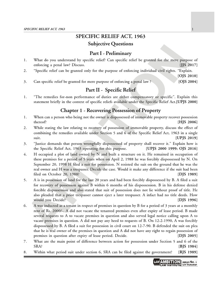 4-Subjective Question (SRA) | PDF | Lawsuit | Specific Performance