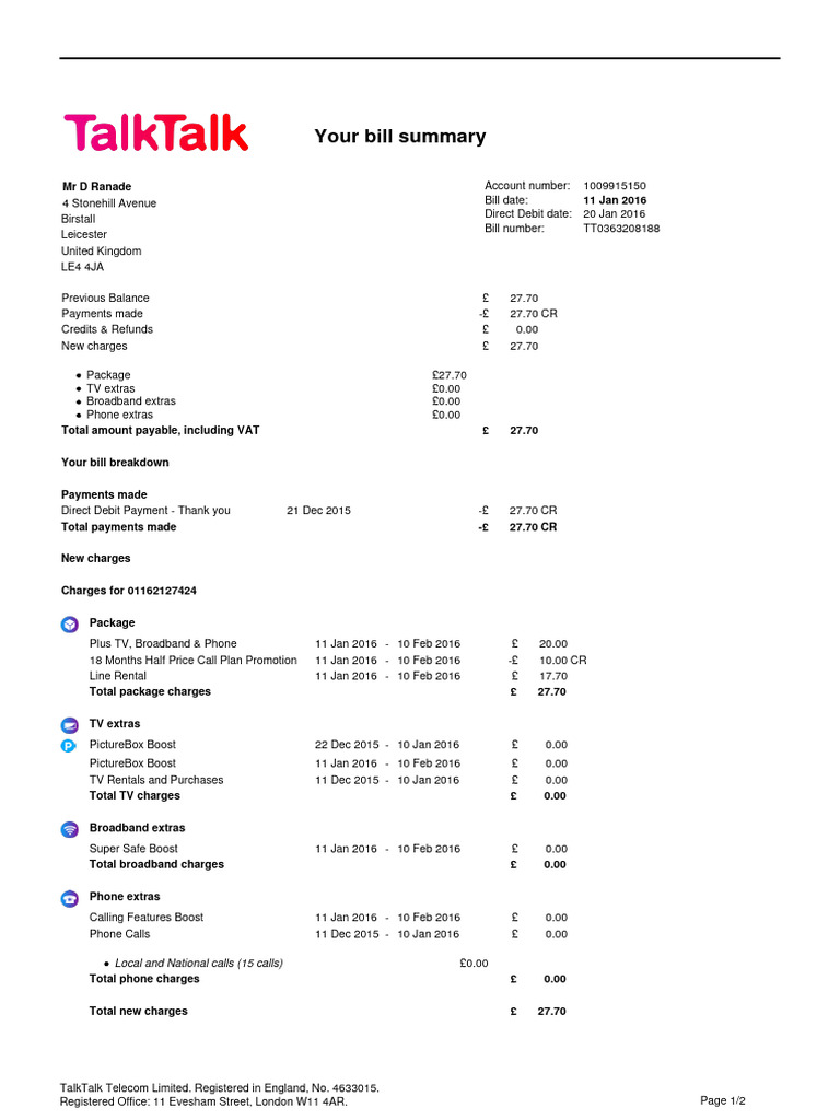 TalkTalk Bill Summary for January 2016 | PDF | Debits And Credits ...