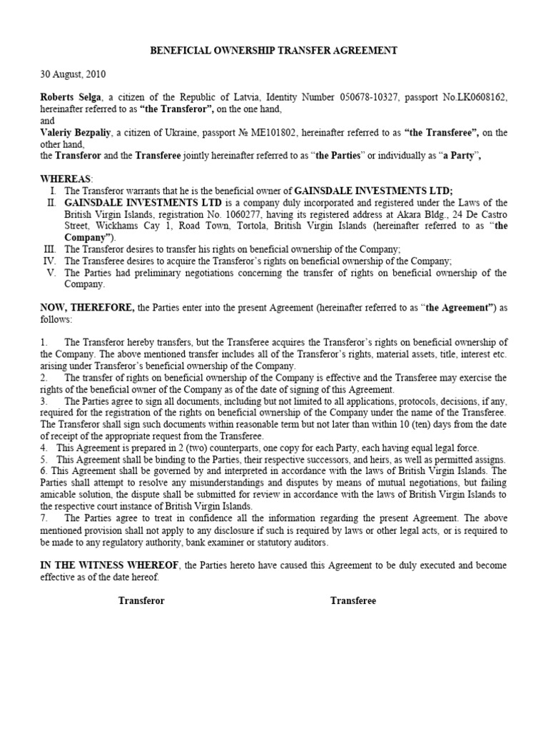 Agreement - Transfer of Beneficiary Rights - Gainsdale Investments LTD ...