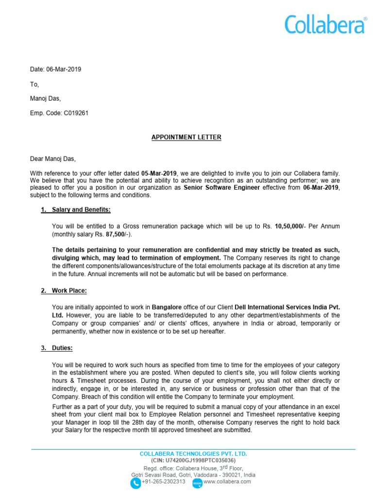 Manoj Das Collabera Appointment Letter C019261 | PDF | Employment | Salary