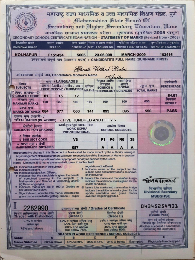 SSC Marksheet | PDF | Vocational Education | Educational Stages