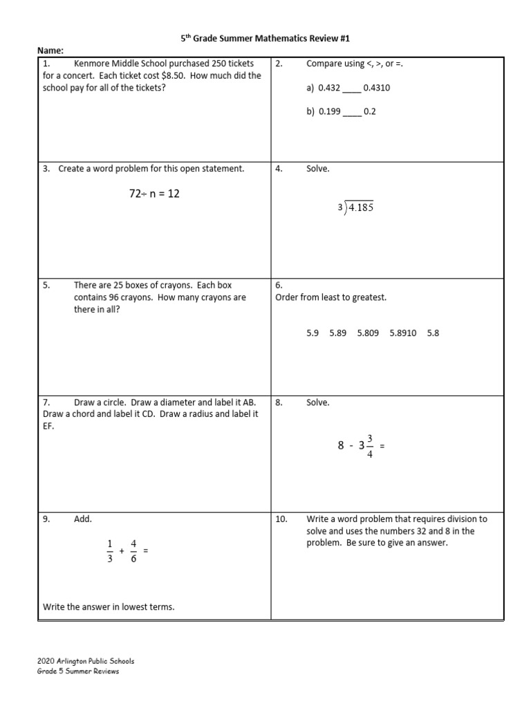 5th Grade Summer Mathematics Review 2020 | PDF | Geometry | Euclidean ...