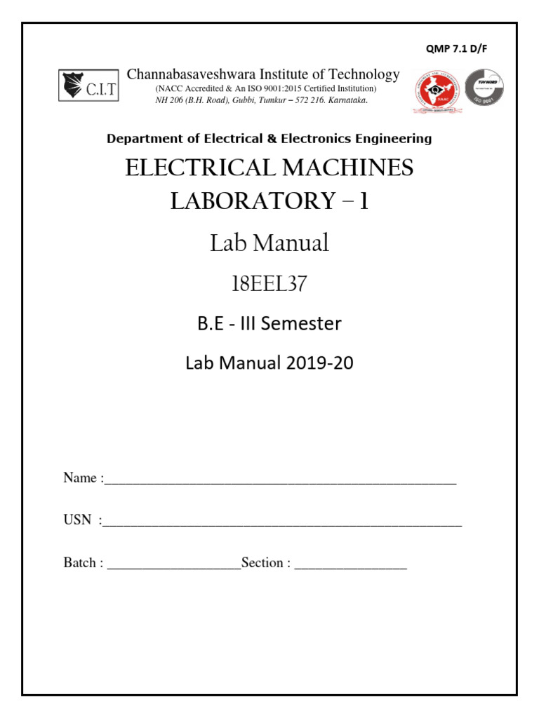 III Sem Electrical Machines Lab-I Manual 18EEL37 (2019-20) | PDF ...