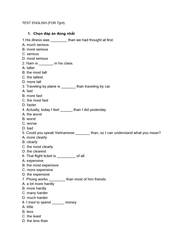7th Grade English Test Questions | PDF