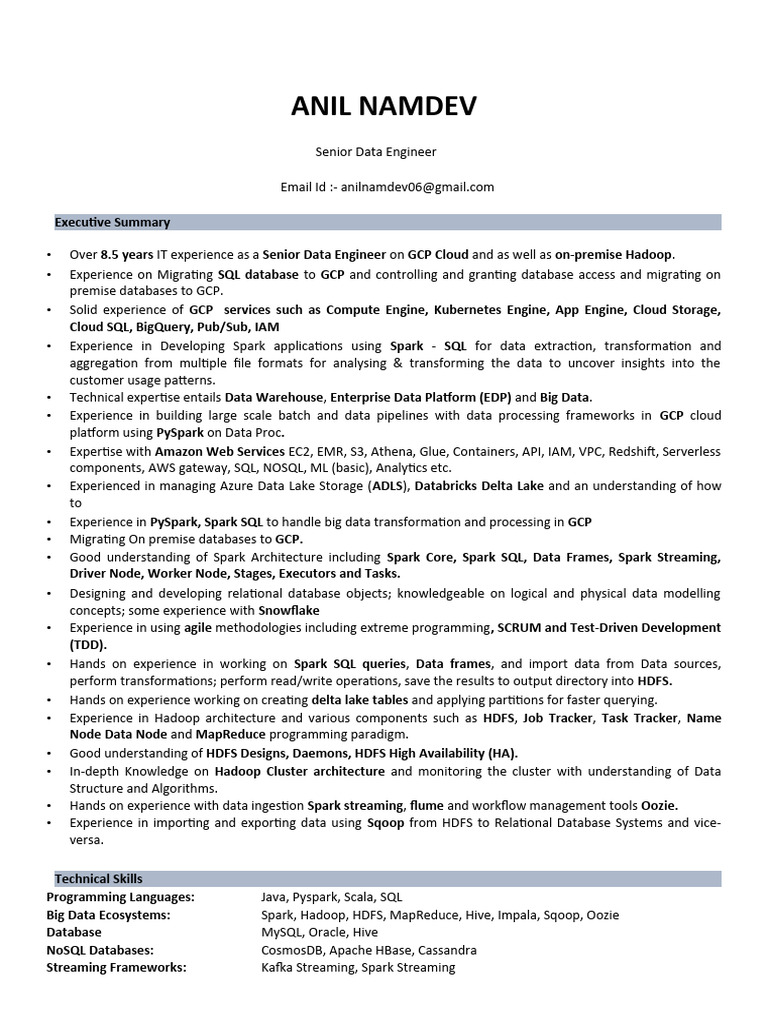 AnilNamdev GCP Cloud Engineer | PDF | Apache Spark | Apache Hadoop