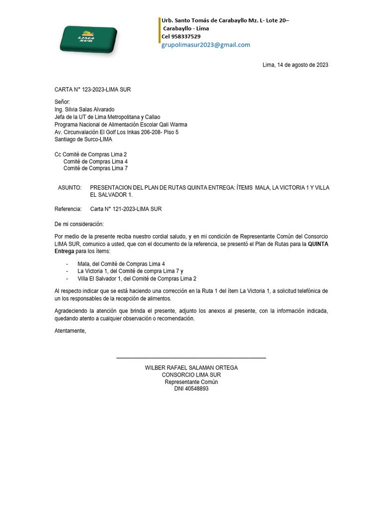 Carta 123-2023 - Lima Sur - Plan de Rutas - Quinta Entrega | PDF | Lima