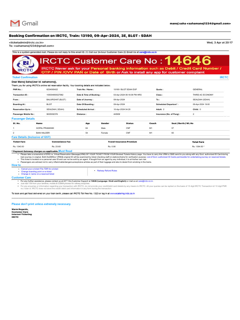 Booking Confirmation On IRCTC, Train: 13190, 09-Apr-2024, 3E, BLGT ...