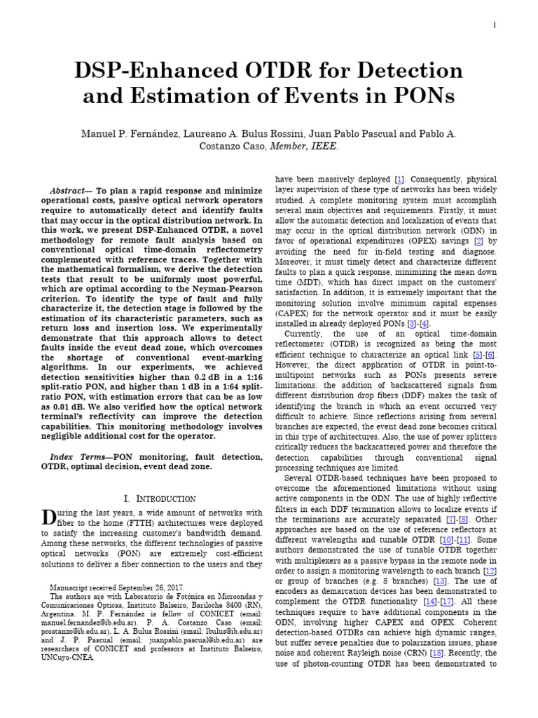 DSP Enhanced OTDR For Detection and Estimation of Events in PONs | PDF | Optical Fiber | Decibel