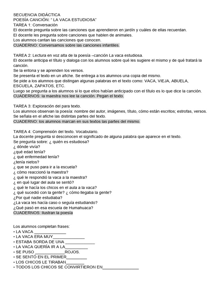 Secuencia Didáctica - La Vaca Estudiosa | PDF | Poesía | Canciones