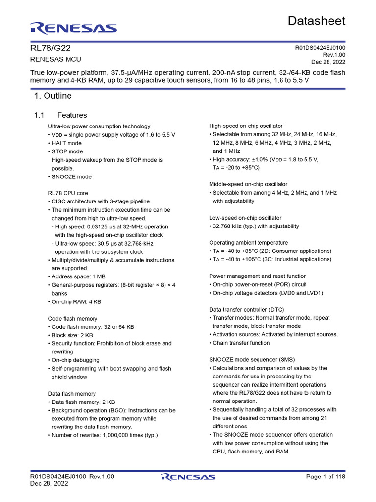 Renesas RL78/G22 MCU Datasheet | PDF | Analog To Digital Converter ...