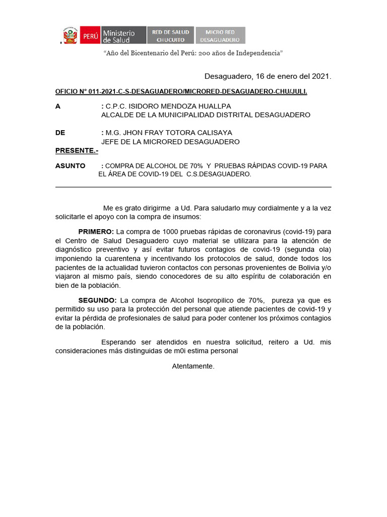 Año Del Bicentenario Del Perú. Alca Direc | PDF | Desastres de salud | Gestión de emergencias