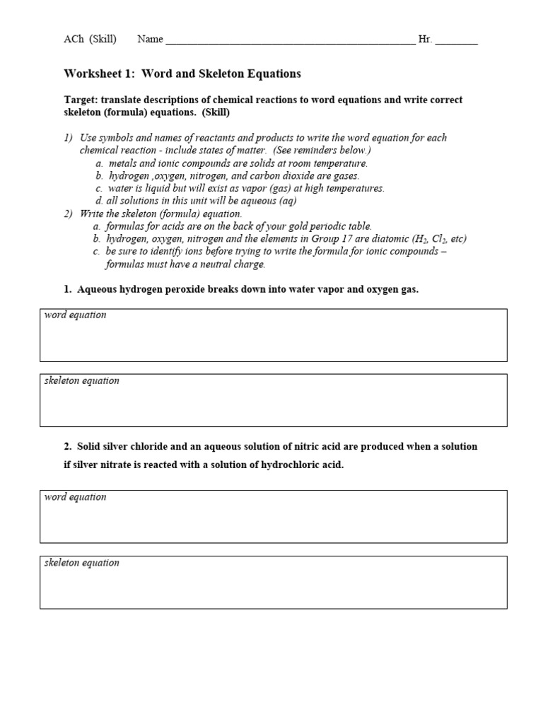 Practice Skeleton Eqns | PDF | Acid | Nitrogen