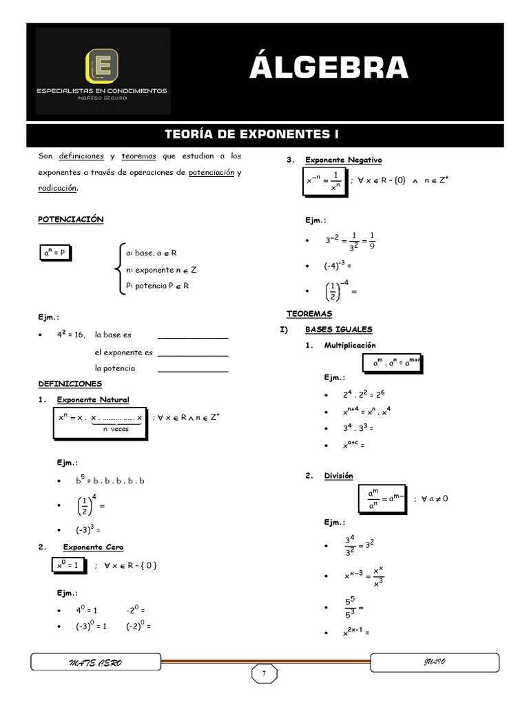Algebra Mate Cero 27-07-2024 | PDF | Exponenciación | Objetos matemáticos
