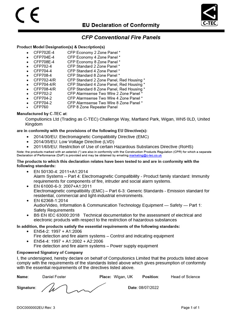 DOC0000002EU R3 C TEC CFP Fire Panels Range Declaration of Conformity ...