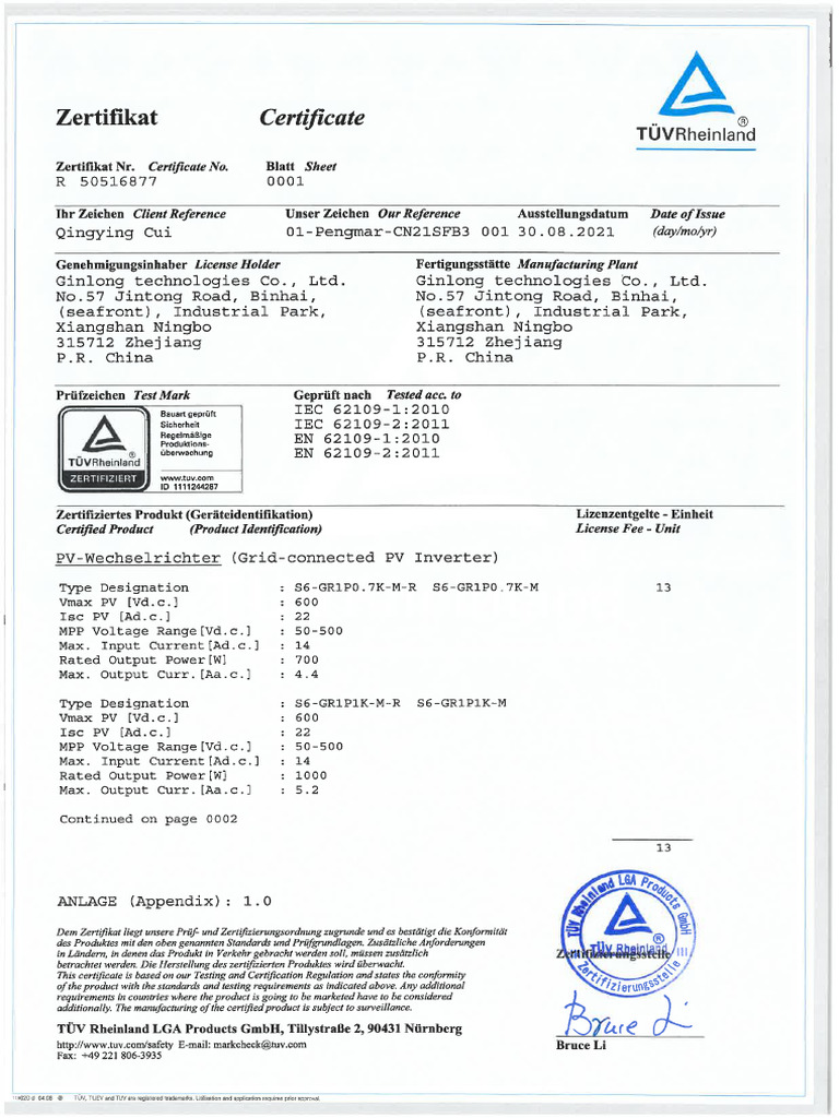 Solis - Certificate - IEC62109 1 (2) - EN62109 1 (2) - S6 GR1P (0,7 3,6 ...