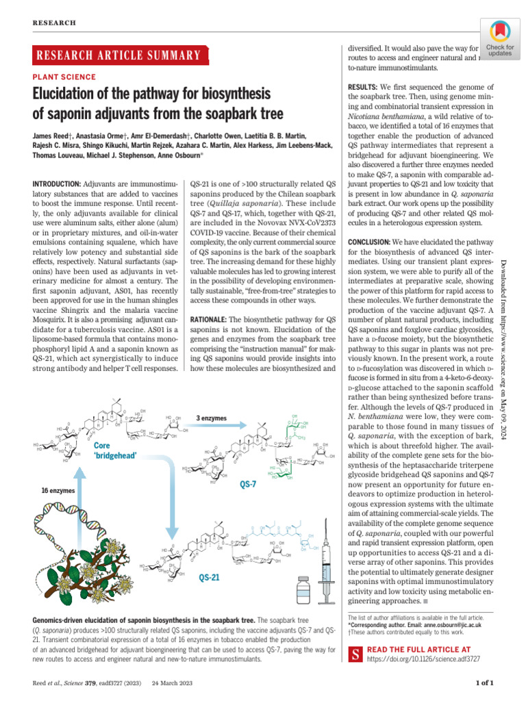 Elucidation of Pathway For Biosynthesis of Saponin Adyuvants From The ...