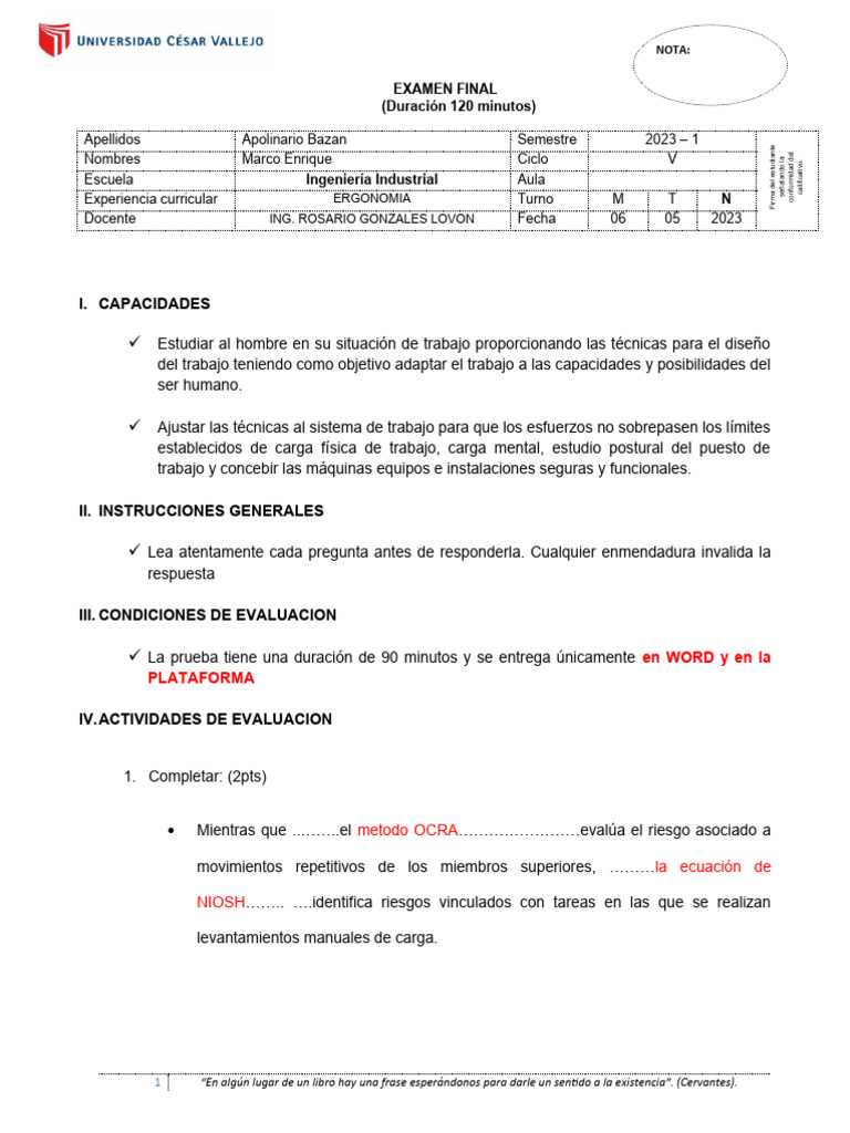 Examen Final Ergonomia Apolinario | PDF | Factores humanos y ergonomía | ruido