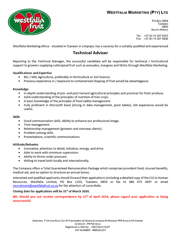 WMA Technical Adviser Advert 2024 | PDF