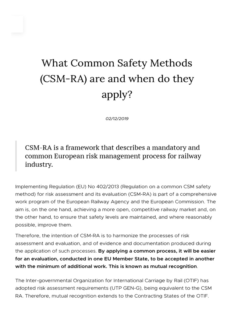 What Common Safety Methods (CSMs-RA) Are and When Do They Apply | PDF ...
