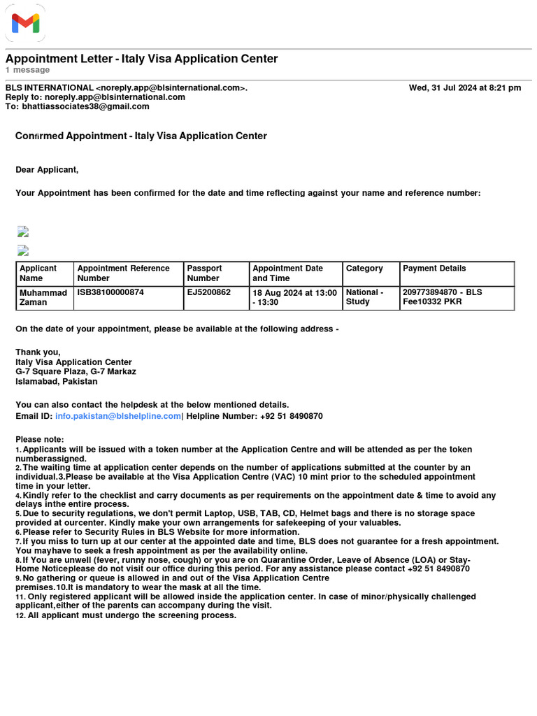 Italy Visa Appointment Confirmation | PDF | Travel Visa