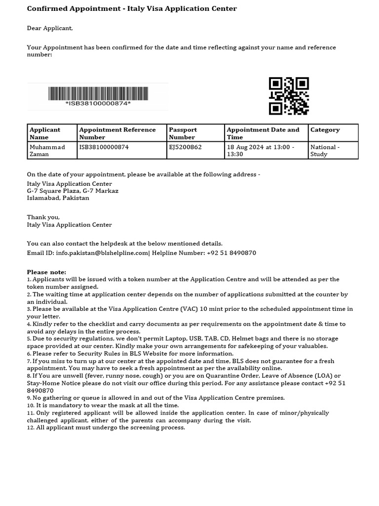 Italy Visa Appointment Confirmation | PDF | Travel Visa