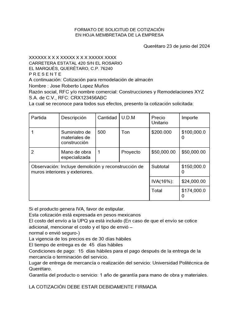 Formato de Solicitud de Cotización | PDF